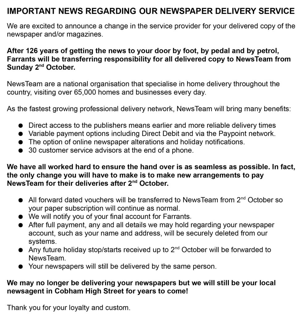 Home News Delivery - Farrants - In Cobham since 1896